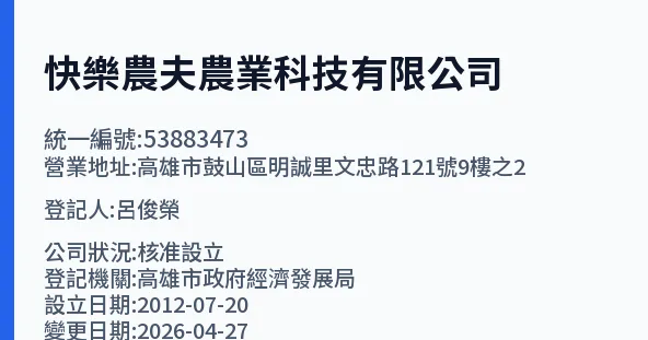 快樂農夫農業科技有限公司的照片-統編 53883473(高雄市) 公司登記資料與營業項目詳細圖表