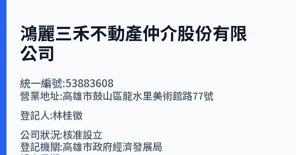 鴻麗三禾不動產仲介股份有限公司的照片-統編 53883608(高雄市) 公司登記資料與營業項目詳細圖表