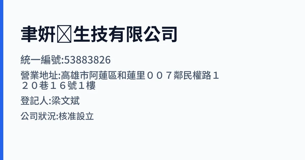 聿姸坣生技有限公司 - 統編 53883826(高雄市) 公司登記資料與營業項目詳細圖表