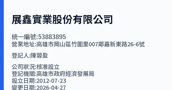 展鑫實業股份有限公司的照片-統編 53883895(高雄市) 公司登記資料與營業項目詳細圖表