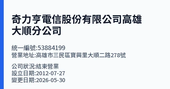 奇力亨電信股份有限公司高雄大順分公司的照片-統編 53884199(高雄市) 公司登記資料與營業項目詳細圖表