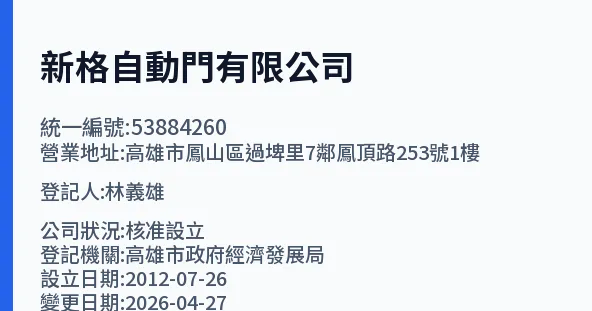 新格自動門有限公司的照片-統編 53884260(高雄市) 公司登記資料與營業項目詳細圖表