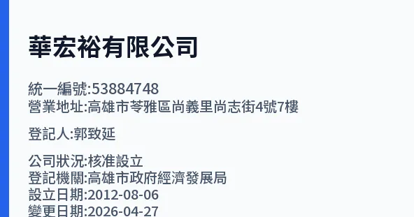 華宏裕有限公司的照片-統編 53884748(高雄市) 公司登記資料與營業項目詳細圖表