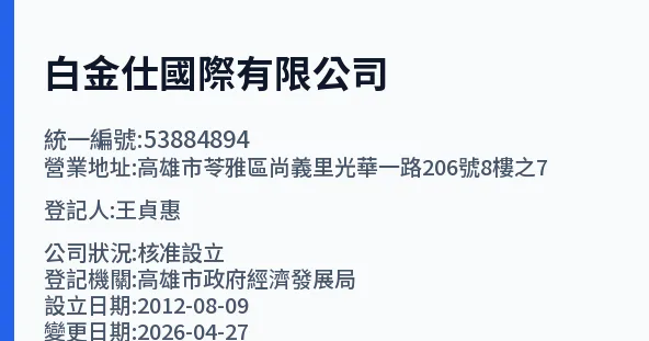 白金仕國際有限公司的照片-統編 53884894(高雄市) 公司登記資料與營業項目詳細圖表