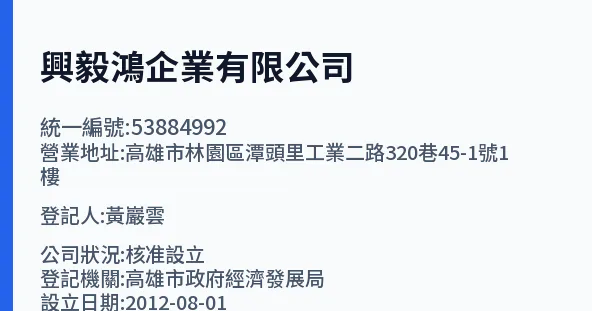 興毅鴻企業有限公司的照片-統編 53884992(高雄市) 公司登記資料與營業項目詳細圖表