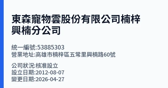 東森寵物雲股份有限公司楠梓興楠分公司的照片-統編 53885303(高雄市) 公司登記資料與營業項目詳細圖表