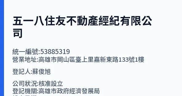 五一八住友不動產經紀有限公司的照片-統編 53885319(高雄市) 公司登記資料與營業項目詳細圖表
