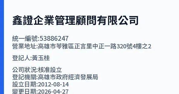 鑫證企業管理顧問有限公司的照片-統編 53886247(高雄市) 公司登記資料與營業項目詳細圖表