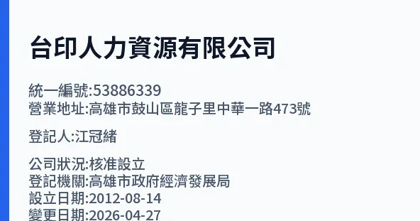 台印人力資源有限公司的照片-統編 53886339(高雄市) 公司登記資料與營業項目詳細圖表