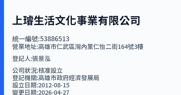上璿生活文化事業有限公司的照片-統編 53886513(高雄市) 公司登記資料與營業項目詳細圖表