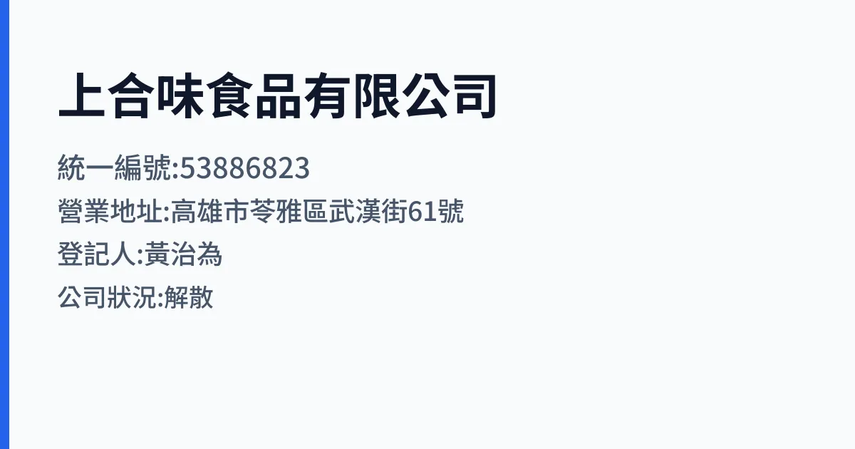上合味食品有限公司 - 統編 53886823(高雄市) 公司登記資料與營業項目詳細圖表