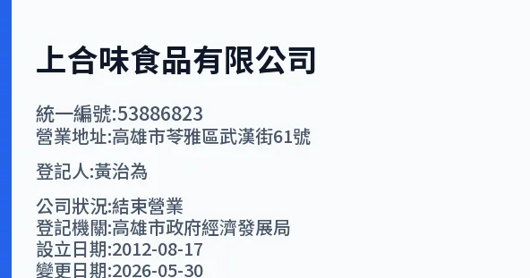 上合味食品有限公司的照片-統編 53886823(高雄市) 公司登記資料與營業項目詳細圖表
