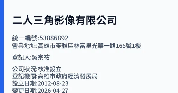 二人三角影像有限公司的照片-統編 53886892(高雄市) 公司登記資料與營業項目詳細圖表