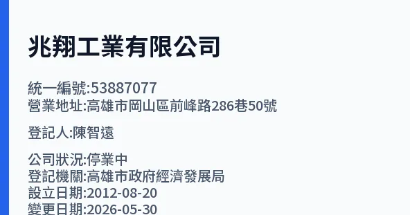 兆翔工業有限公司的照片-統編 53887077(高雄市) 公司登記資料與營業項目詳細圖表
