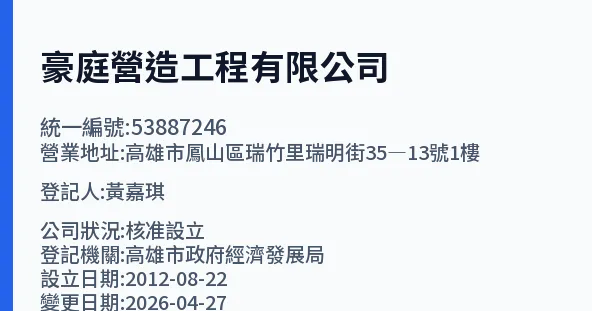 豪庭營造工程有限公司的照片-統編 53887246(高雄市) 公司登記資料與營業項目詳細圖表