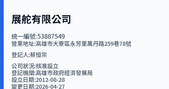 展舵有限公司的照片-統編 53887549(高雄市) 公司登記資料與營業項目詳細圖表