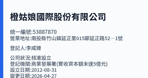 橙姑娘國際股份有限公司的照片-統編 53887870(南投縣) 公司登記資料與營業項目詳細圖表