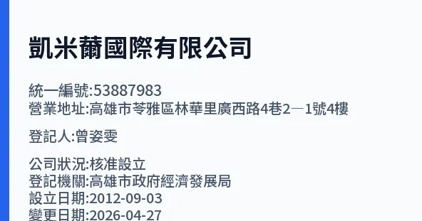 凱米薾國際有限公司的照片-統編 53887983(高雄市) 公司登記資料與營業項目詳細圖表