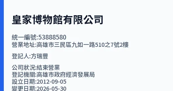 皇家博物館有限公司的照片-統編 53888580(高雄市) 公司登記資料與營業項目詳細圖表