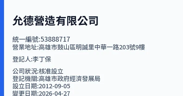 允德營造有限公司的照片-統編 53888717(高雄市) 公司登記資料與營業項目詳細圖表