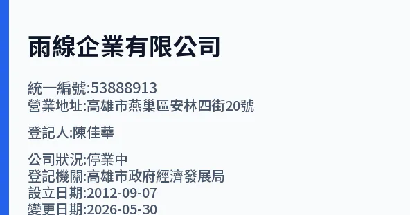 雨線企業有限公司的照片-統編 53888913(高雄市) 公司登記資料與營業項目詳細圖表