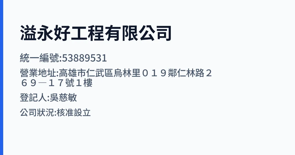 溢永好工程有限公司 - 統編 53889531(高雄市) 公司登記資料與營業項目詳細圖表