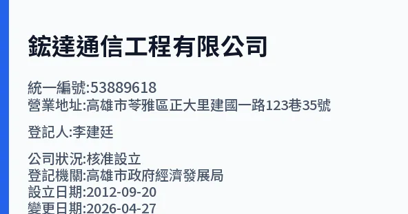 鋐達通信工程有限公司的照片-統編 53889618(高雄市) 公司登記資料與營業項目詳細圖表