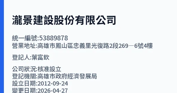 瀧景建設股份有限公司的照片-統編 53889878(高雄市) 公司登記資料與營業項目詳細圖表