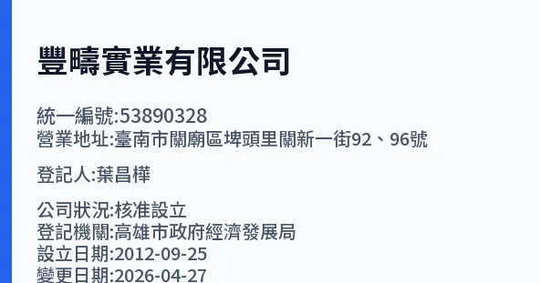 豐疇實業有限公司的照片-統編 53890328(臺南市) 公司登記資料與營業項目詳細圖表