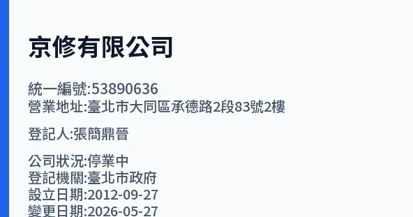 京修有限公司的照片-統編 53890636(臺北市) 公司登記資料與營業項目詳細圖表