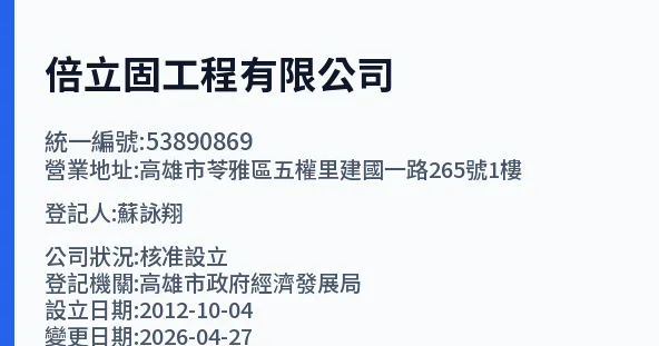 倍立固工程有限公司的照片-統編 53890869(高雄市) 公司登記資料與營業項目詳細圖表