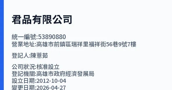 君品有限公司的照片-統編 53890880(高雄市) 公司登記資料與營業項目詳細圖表