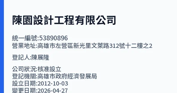 陳園設計工程有限公司的照片-統編 53890896(高雄市) 公司登記資料與營業項目詳細圖表