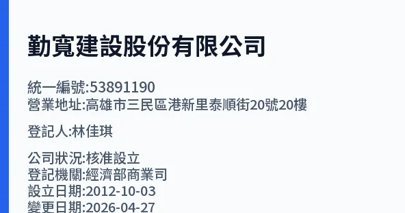 勤寬建設股份有限公司的照片-統編 53891190(高雄市) 公司登記資料與營業項目詳細圖表