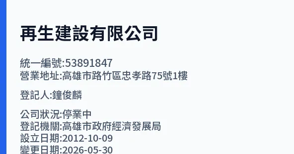 再生建設有限公司的照片-統編 53891847(高雄市) 公司登記資料與營業項目詳細圖表