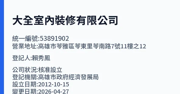 大全室內裝修有限公司的照片-統編 53891902(高雄市) 公司登記資料與營業項目詳細圖表