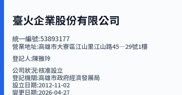 臺火企業股份有限公司的照片-統編 53893177(高雄市) 公司登記資料與營業項目詳細圖表