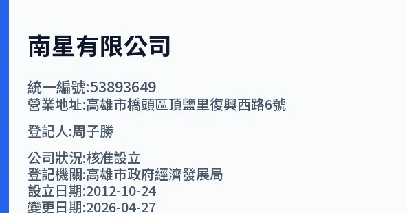 南星有限公司的照片-統編 53893649(高雄市) 公司登記資料與營業項目詳細圖表