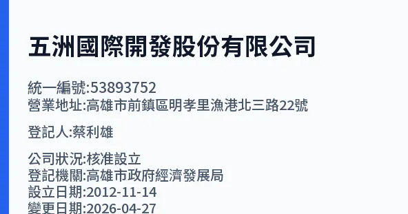 五洲國際開發股份有限公司的照片-統編 53893752(高雄市) 公司登記資料與營業項目詳細圖表