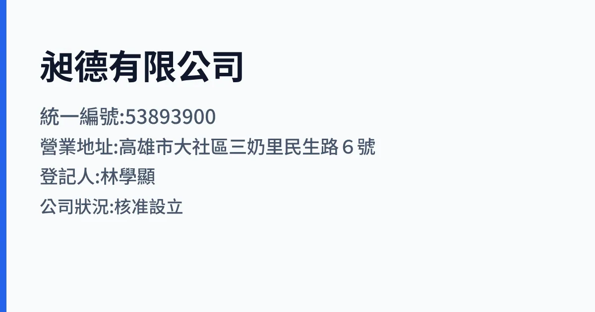 昶德有限公司 - 統編 53893900(高雄市) 公司登記資料與營業項目詳細圖表