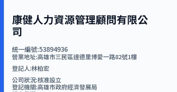 康健人力資源管理顧問有限公司的照片-統編 53894936(高雄市) 公司登記資料與營業項目詳細圖表