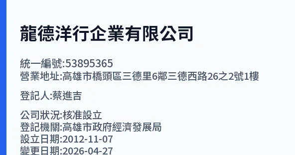 龍德洋行企業有限公司的照片-統編 53895365(高雄市) 公司登記資料與營業項目詳細圖表