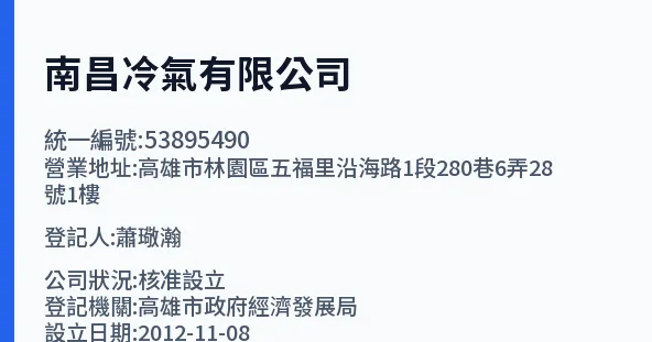 南昌冷氣有限公司的照片-統編 53895490(高雄市) 公司登記資料與營業項目詳細圖表