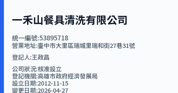 一禾山餐具清洗有限公司的照片-統編 53895718(臺中市) 公司登記資料與營業項目詳細圖表