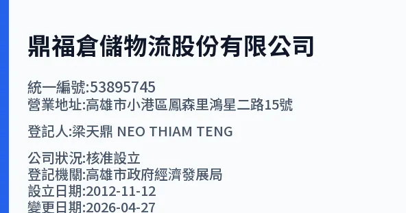 鼎福倉儲物流股份有限公司的照片-統編 53895745(高雄市) 公司登記資料與營業項目詳細圖表