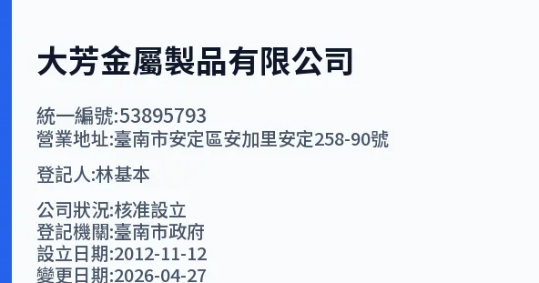 大芳金屬製品有限公司的照片-統編 53895793(臺南市) 公司登記資料與營業項目詳細圖表