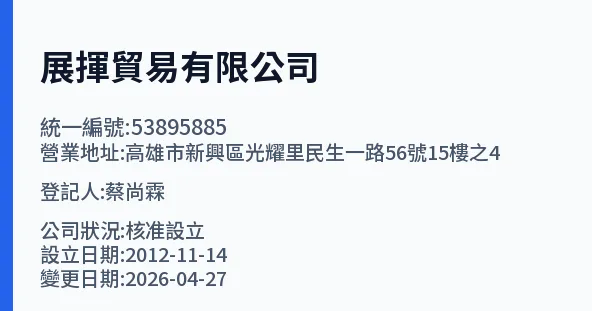 展揮貿易有限公司的照片-統編 53895885(高雄市) 公司登記資料與營業項目詳細圖表