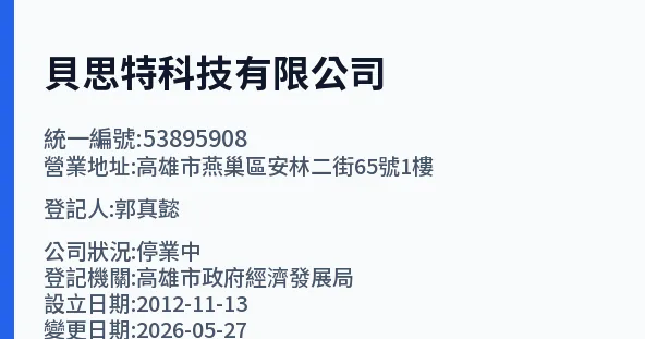 貝思特科技有限公司的照片-統編 53895908(高雄市) 公司登記資料與營業項目詳細圖表