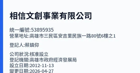 相信文創事業有限公司的照片-統編 53895935(高雄市) 公司登記資料與營業項目詳細圖表