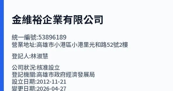 金維裕企業有限公司的照片-統編 53896189(高雄市) 公司登記資料與營業項目詳細圖表